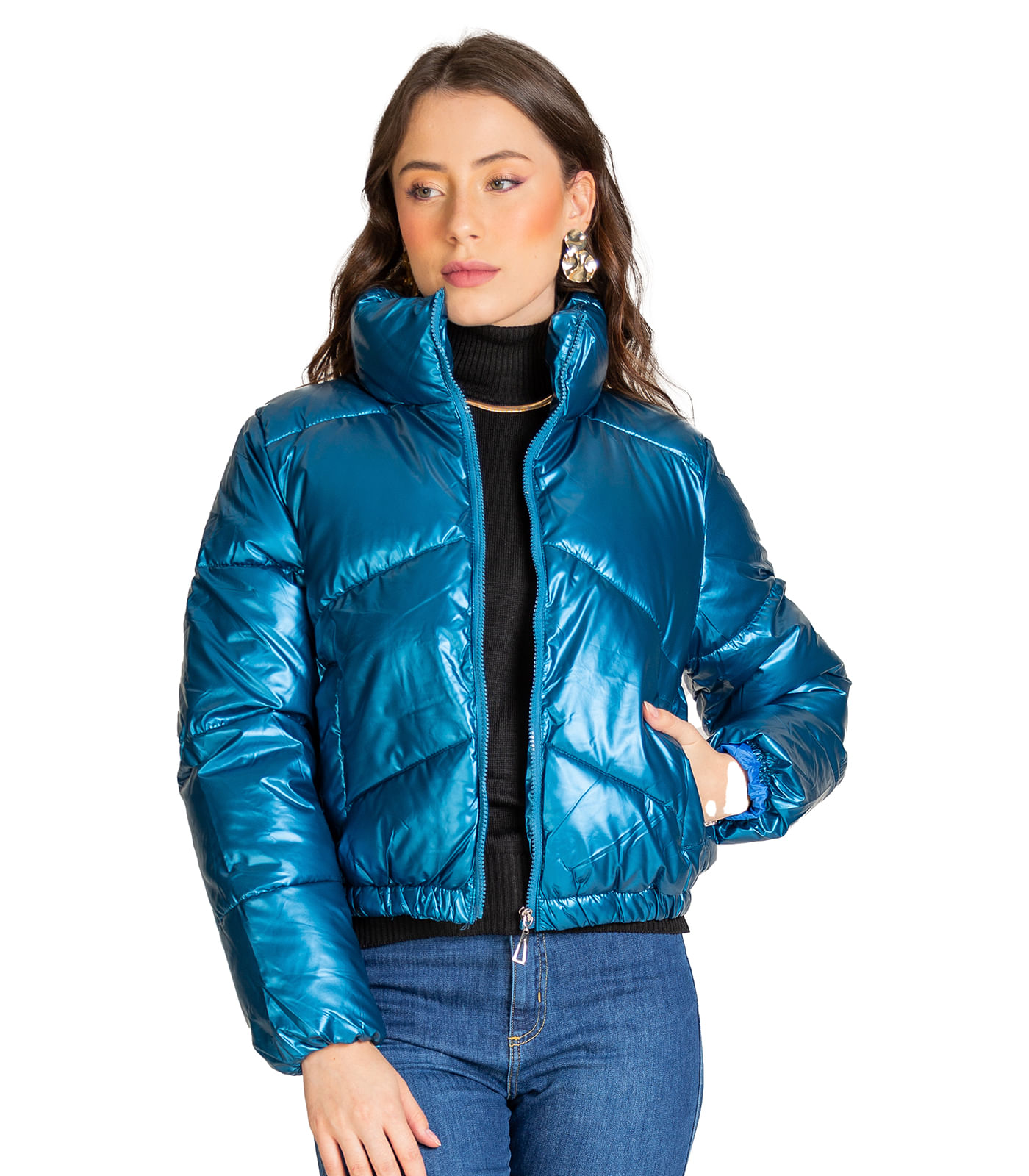 Jaqueta Puffer Feminina Metalizada Select Azul